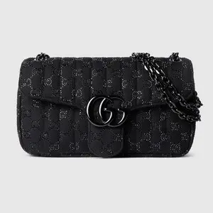 Gucci Jetset Gg Marmont Crystal Medium Shoulder Bag Original Gg Fabric - Black