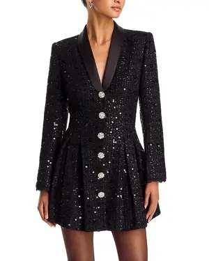 Aqua Sequin Tweed Mini Dress - Black