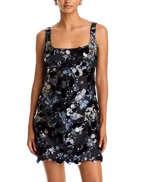 Aqua Paillette Brocade Mini Dress Exclusive - Black