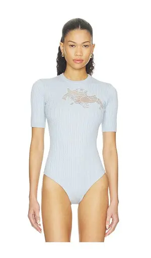 FLEUR DU MAL Lace Guipure Knit Bodysuit In Baby Blue