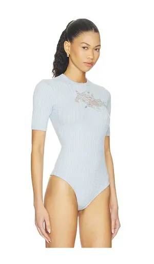 FLEUR DU MAL Lace Guipure Knit Bodysuit In Baby Blue