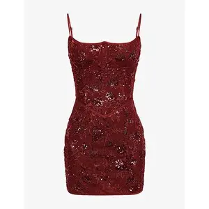 House Of Cb Naima Hand-beaded Embellished Mesh Mini Dress - Cabernet