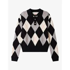 Sandro Argyle Polo-collar Wool And Cashmere Jumper - Black / Ecru