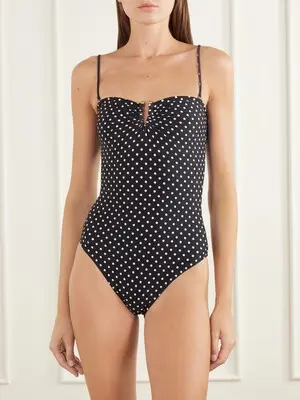 NILI LOTAN Gathered Embellished Polka-dot Swimsuit