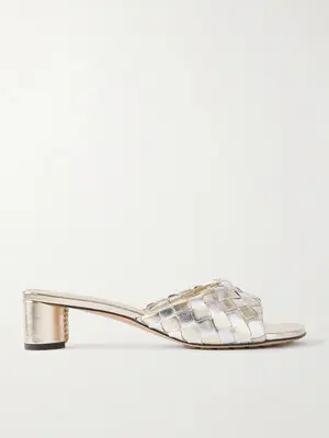 Bottega Veneta Livia 45 Intrecciato Metallic Leather Mules - Silver
