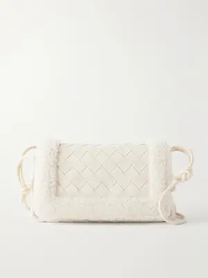 Bottega Veneta Notturno Intrecciato Shearling-trimmed Suede Shoulder Bag - White