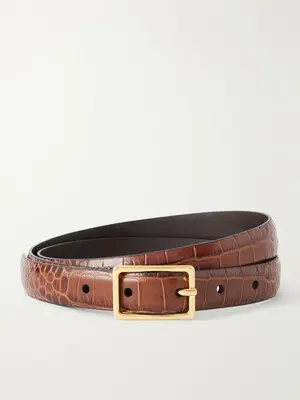 Anderson's Skinny Croc-effect Leather Belt - Brown