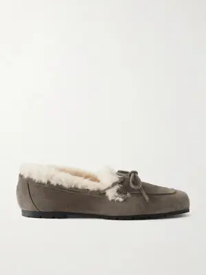 AeydĒ Jasper Bow-detailed Shearling-trimmed Suede Loafers - Gray
