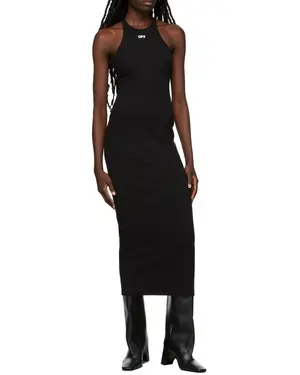 Off-White Logo Printed Ribbed Midi Dress