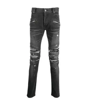 Balmain Slim-cut Ripped Cotton Jeans With Synthetic Leather Panels - Black