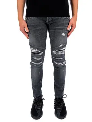 Balmain Slim-cut Ripped Cotton Jeans With Synthetic Leather Panels