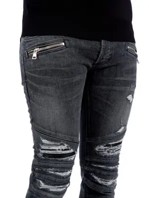 Balmain Slim-cut Ripped Cotton Jeans With Synthetic Leather Panels
