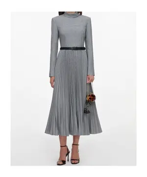 SELF-PORTRAIT Grey Check Pleated Midi Dress