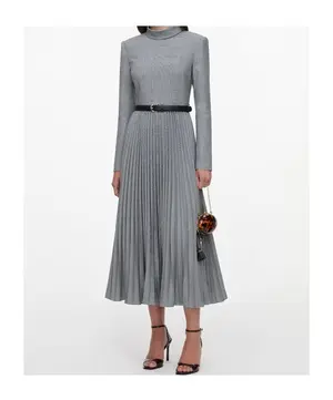 SELF-PORTRAIT Grey Check Pleated Midi Dress