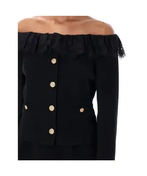 Alessandra Rich Off-shoulder Lace Ruffled Tweed Jacket