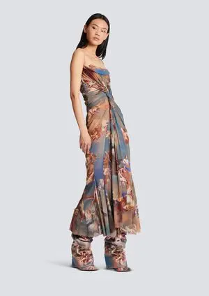 Balmain Sky Printed Draped Tulle Maxi Dress