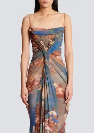 Balmain Sky Printed Draped Tulle Maxi Dress