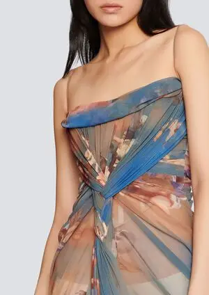 Balmain Sky Printed Draped Tulle Maxi Dress