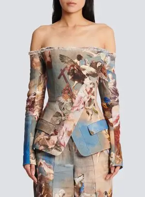 Balmain Sky Printed Off-the-shoulder Canvas Jacket