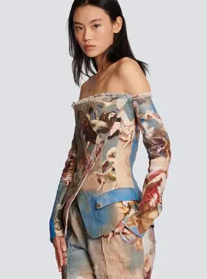Balmain Sky Printed Off-the-shoulder Canvas Jacket