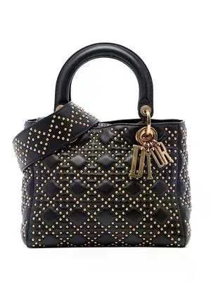 Dior 2017 Medium Lambskin Cannage Studded Supple Lady Satchel - Black