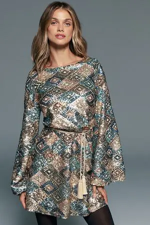 Avec Les Filles Sequin Mini Dress - Blue Pattern