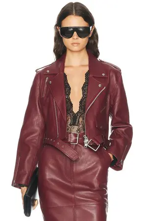 Alex Perry Cropped Biker Jacket In Burgundy - Cherry