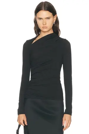 Enza Costa Lurex Jersey Long Sleeve Slash Top In Charcoal - Phantom