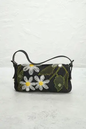 Fendi Floral Embroidered Denim Baguette Shoulder Bag