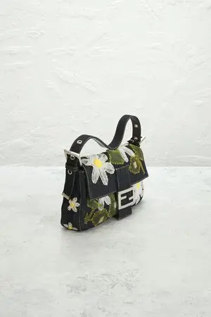 Fendi Floral Embroidered Denim Baguette Shoulder Bag