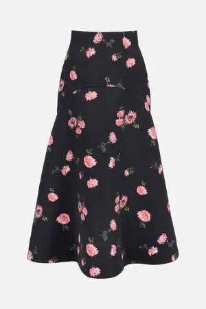EMILIA WICKSTEAD Tamilla Skirt In Pink Ditsy Chrysanthemum On Taffeta Faille - Black