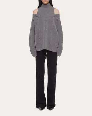 Helmut Lang Cable Knit Wool Layered Off-shoulder Turtleneck