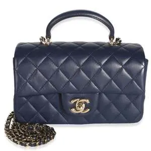 CHANEL Navy Quilted Lambskin Mini Rectangular Top Handle Flap Bag
