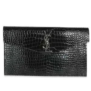 SAINT LAURENT Black Croc Embossed Calfskin Medium Uptown Pouch