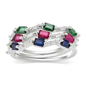 KYLIE HARPER Baguette-cut Multi-color 3pc Stackable Ring Set In Sterling - Silver