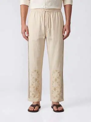 BAZISZT Sferic Straight-leg Cotton Trousers With Embroidery And Drawstring Waist - Beige