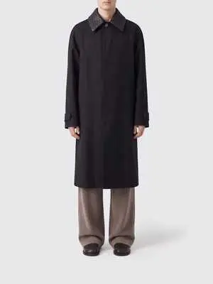 Bottega Veneta Knee-length Single-breasted Coat In Wool And Silk With Leather Collar - Black