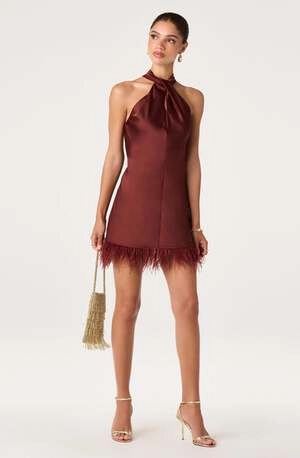 Astr The Label Triniti Feather Trim Halter Mini Dress