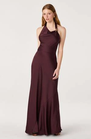 Astr The Label Sinclair Asymmetric Satin Halter Maxi Dress - Eggplant