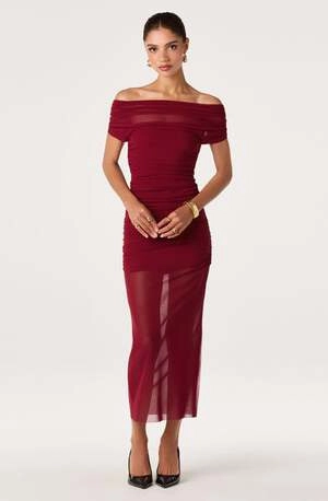 Astr The Label Belladonna Mesh Off Shoulder Maxi Dress - Red