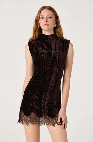 Astr The Label Nazari Velvet Lace Hem Mini Dress - Brown