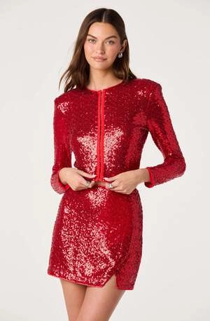 Astr The Label Romina Sequin Cropped Jacket - Red