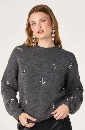 Astr The Label Selbie Rhinestone Embellished Knit Sweater - Dark Grey