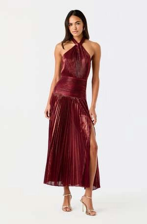 Astr The Label Tlialli Metallic Plissé Halter Maxi Dress - Wine