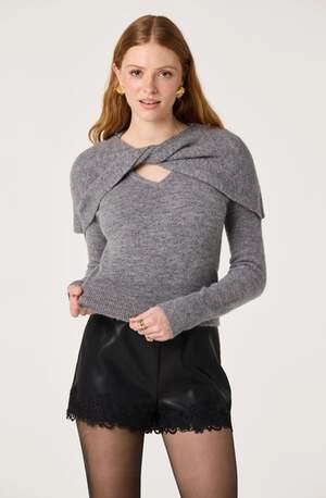 Astr The Label Maertisa Twist Wrap Panel Knit Sweater - Grey