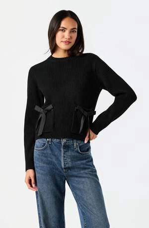 Astr The Label Cayleigh Rib Knit Satin Bow Pocket Sweater - Black