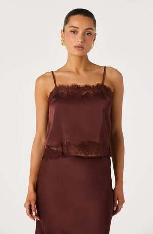 Astr The Label Britney Lace Trim Satin Cropped Cami - Brown