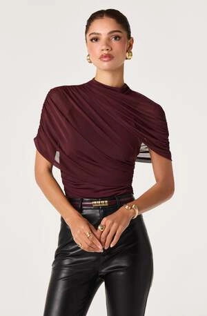 Astr The Label Adrya Ruched Mesh Asymmetric Wrap Top Wine