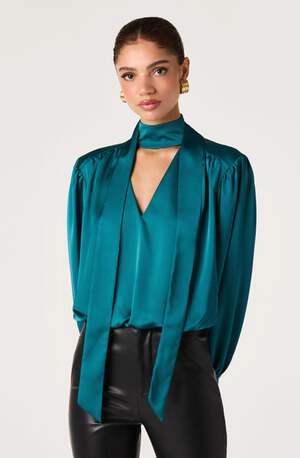 Astr The Label Stephany Satin Wrap Tie Neck Blouse - Teal