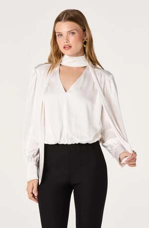 Astr The Label Stephany Satin Wrap Tie Neck Blouse - White